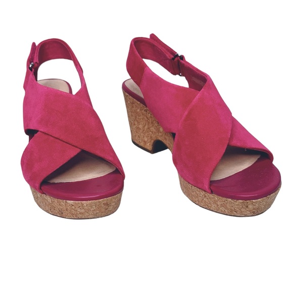 Clarks | Shoes | Clarks Fuscia Suede Cork Wedge Sandals Size 8 | Poshmark